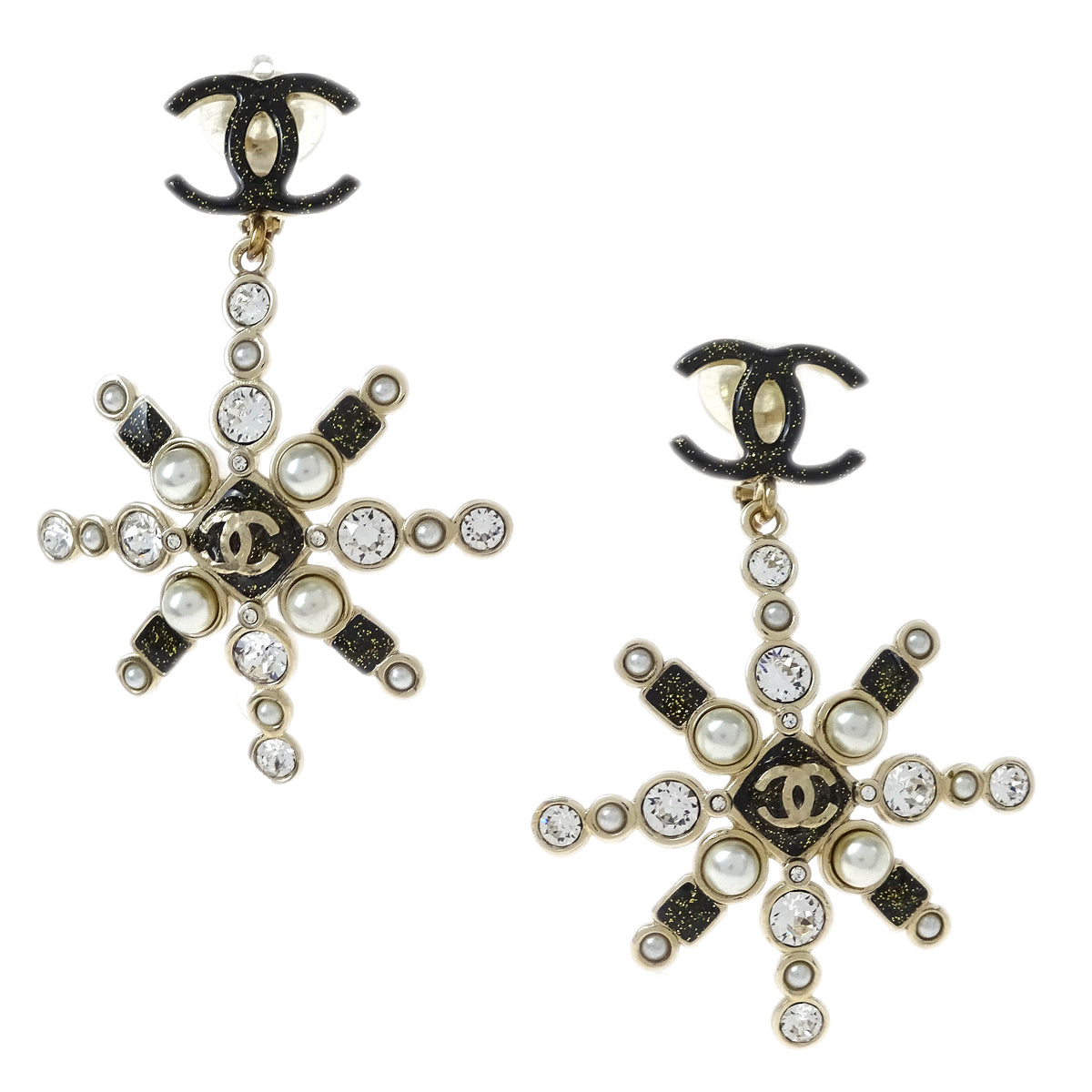 Chanel Snowflake Dangle Earrings Clip-On Gold Rhinestone B19B – AMORE ...