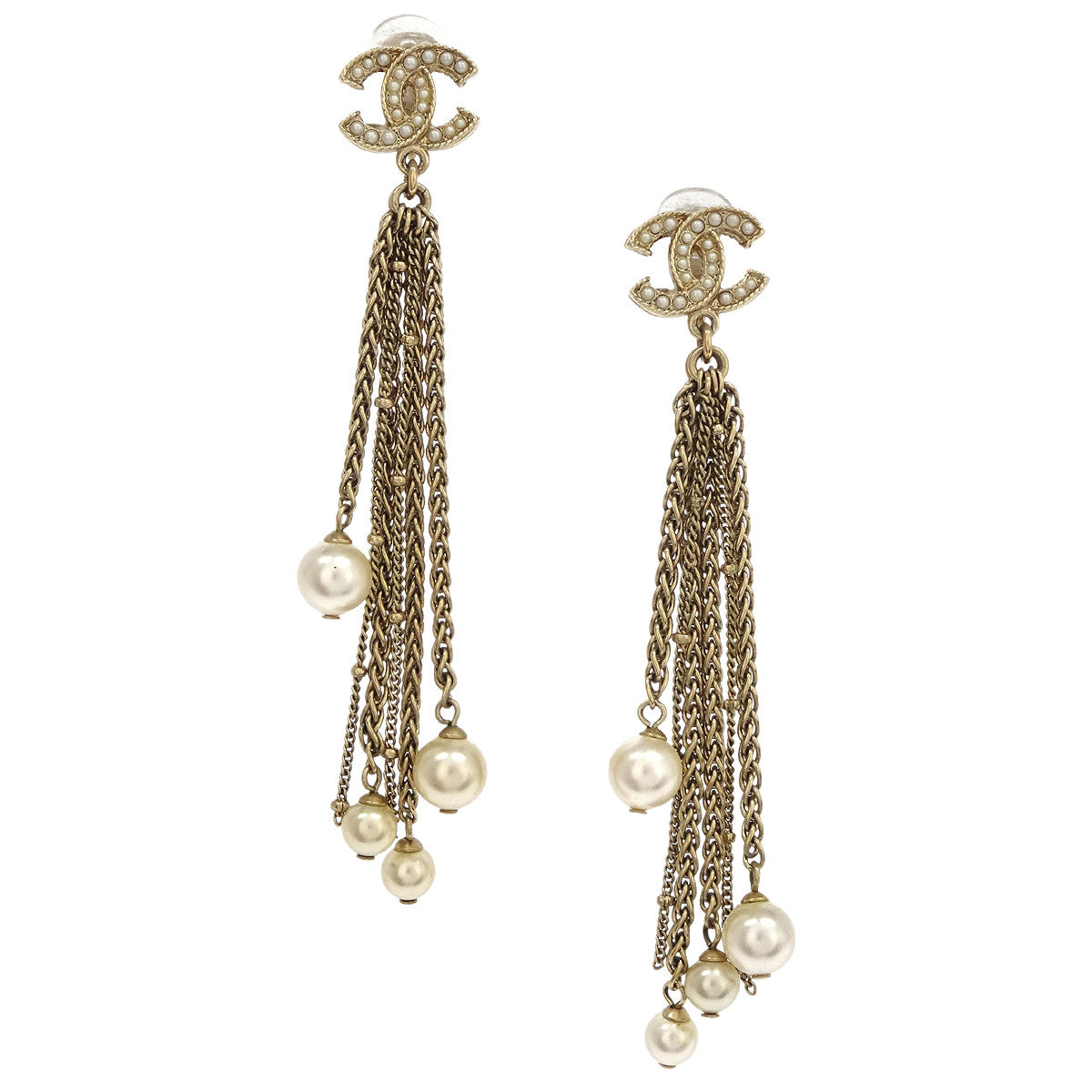 Chanel Costume Pearl Dangle CC Earrings Clip-On Gold A19C – AMORE ...